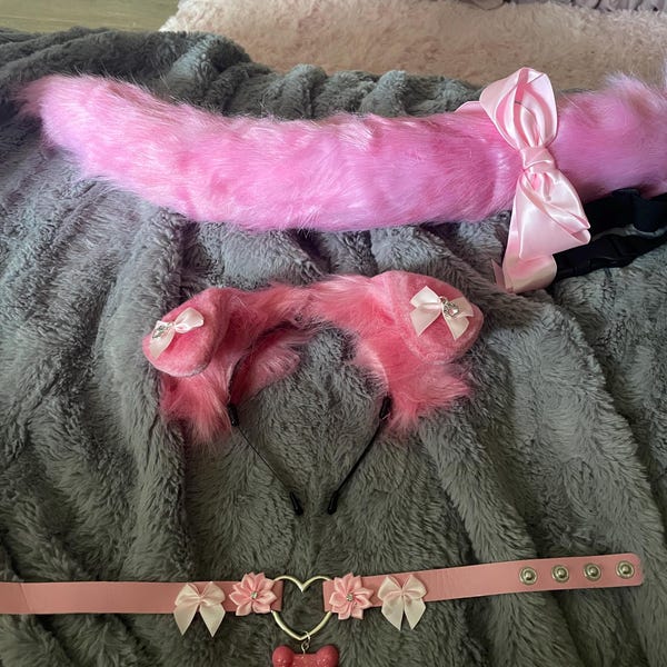 Pink Cosplay Puppy Dog Headband Ears Tail Choker Collar Paw Costume ...