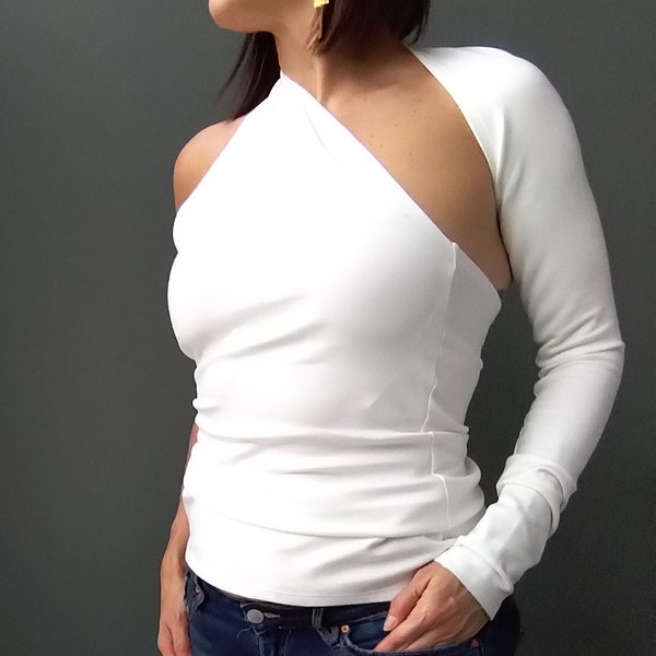 One Shoulder Top, Asymmetrical One Sleeve Top, Open Back Wrap Top, One ...