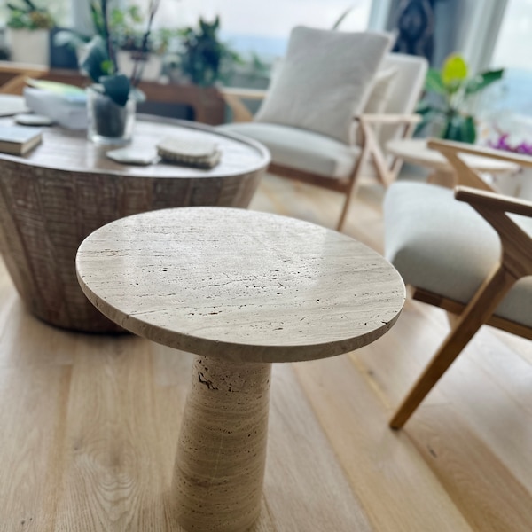 TRAVERTINE SIDE TABLE, Natural Stone Beige Marble End Table, Interior Design Round Top End Table ...