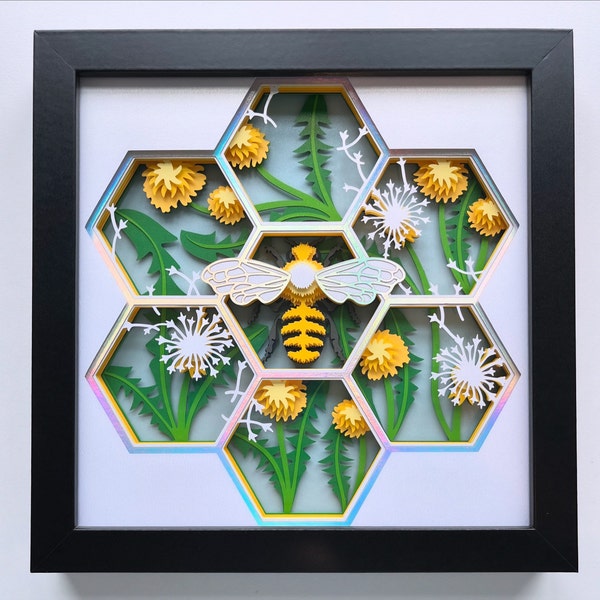 3D Bee Shadow Box SVG Layered Dandelions SVG, Spring Shadow Box, Honey Bee 3D Svg, Honey Comb 3d ...