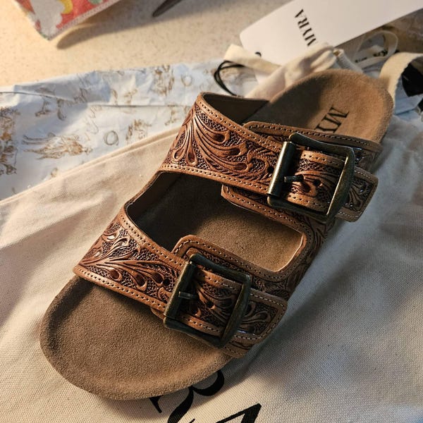 Tooled Leather Western Slide Sandals: Cork Sole, Adjustable Buckles - Etsy