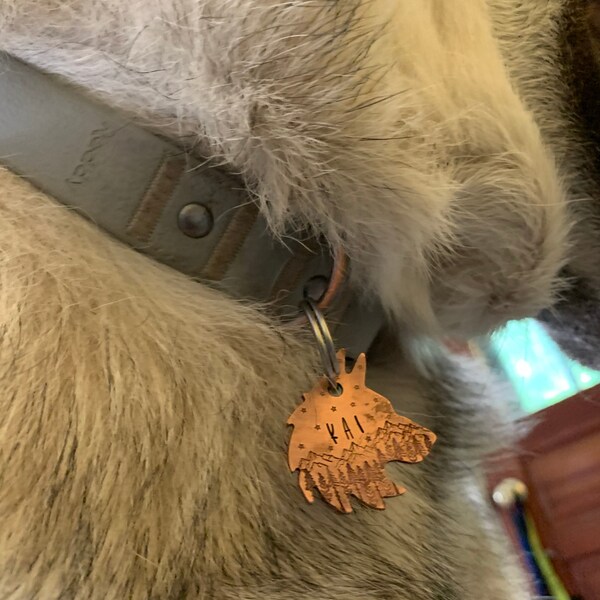 Wolf Dog Tag, Dog Tag for Dogs, Hand Stamped, Dog Tag, Mountain, Tree ...