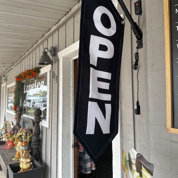 BASIC OPEN Flag * Double Sided * Heavy Weight Canvas * Handmade Pole ...