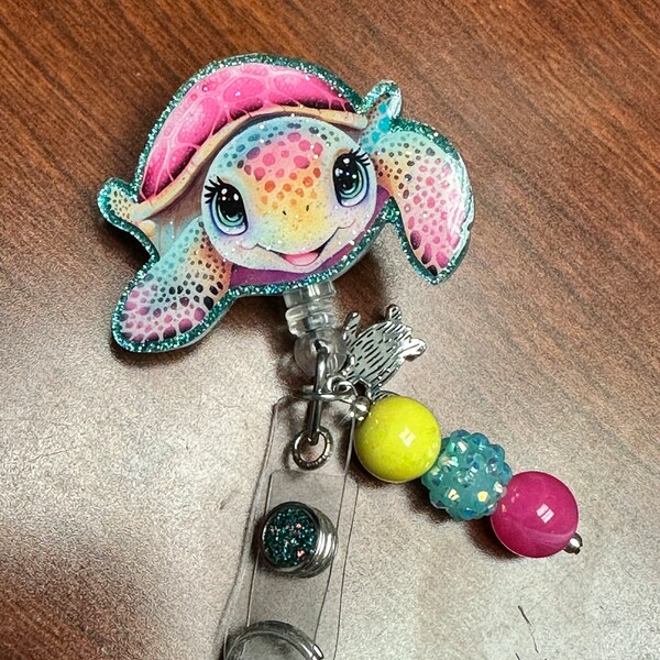 Turtle Badge Reel, Sea Turtle Badge, Beaded Badge, Badge Reel for Nurse ...