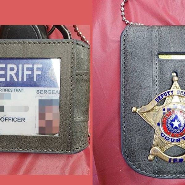 Black Full Grain Leather Oval Police Badge Holder Belt Clip - Optional ...