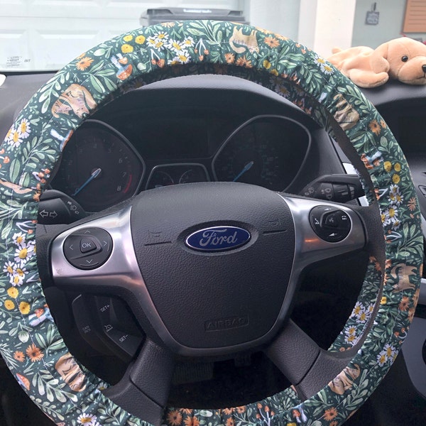 Cats in Floral Woodlands Steering Wheel Cover With Gripper Fabric ...