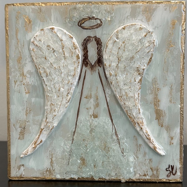 Textured Front Angel With Glass, Block Art, Glass Art, Crushed Glass ...