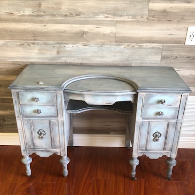 SOLD Vintage Antique Grey Vanity Desk With Mirror Chalk Painted Rustic ...