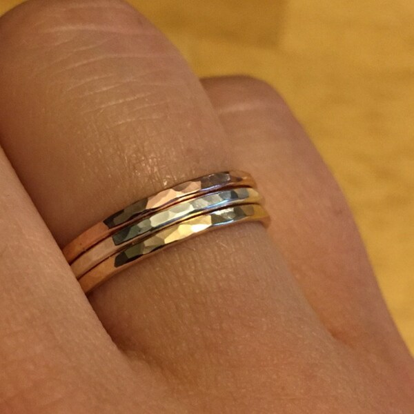 Mixed Metal Rings Stacking Rings, Hammered Gold Ring, Silver Rose Gold ...