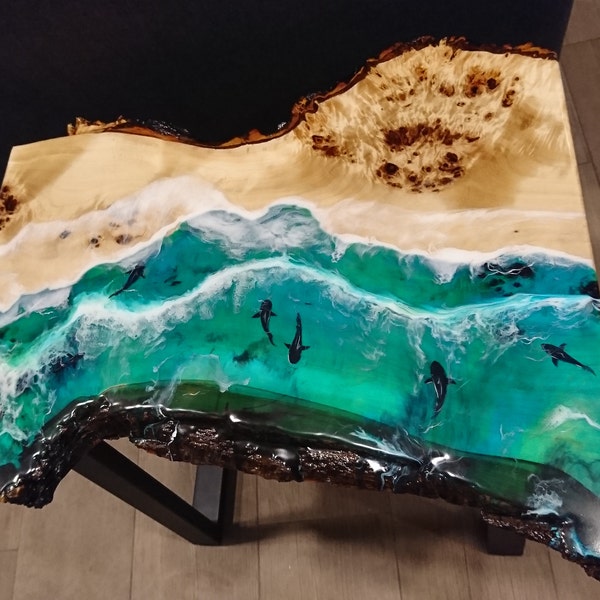 Custom Resin Epoxy Table With Fish, Epoxy Resin Waves Dining Table ...