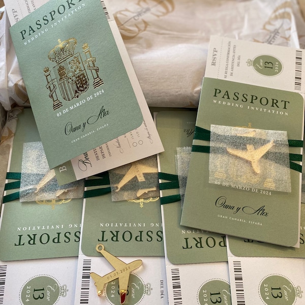 Sage Green Passport Wedding Invitation Luxury Engraved Plane In Gold 2592