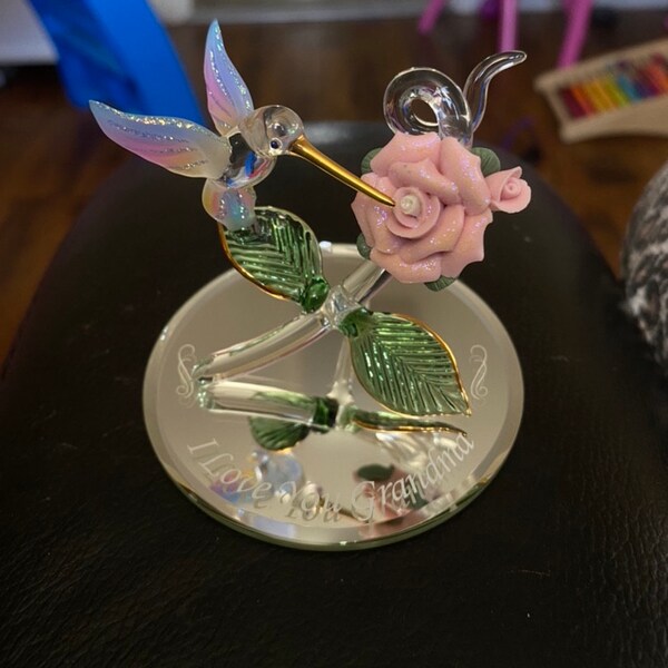 Handmade Glass Mini Rose Hummingbird a Pink Glitter Covered Porcelain ...