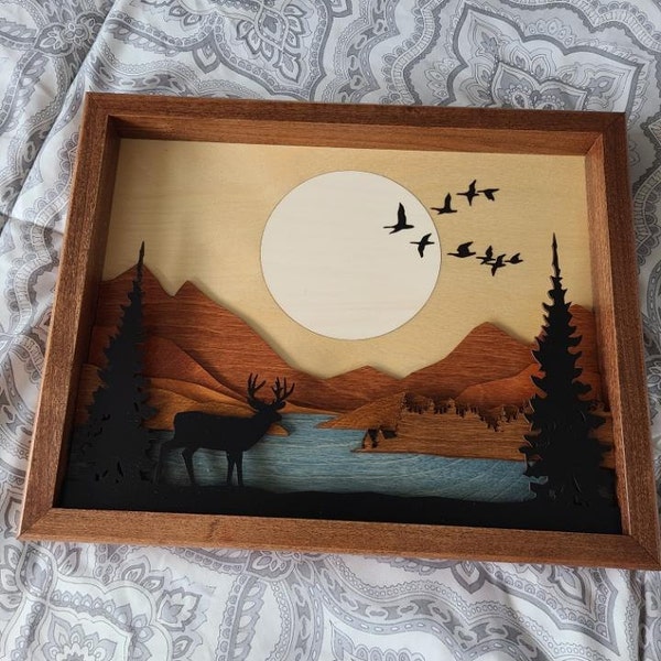 Deer in Forest by Lake 3D Wood Shadow Box Landscape Scene / Inlaid ...