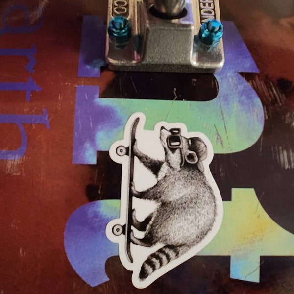 Raccoon Skateboarding Vinyl Sticker, Pen and Ink Illustration, Funny ...