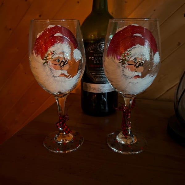 Hand Painted Santa Wine Glass Set - Etsy