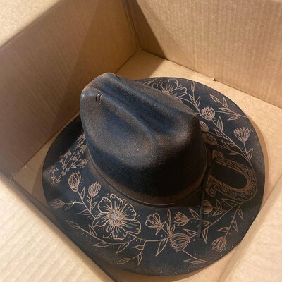 Imogen: Floral Horseshoe. Made to Order Handcrafted Burned Wide Brim Hat. Burned Hat, Cowboy Hat ...