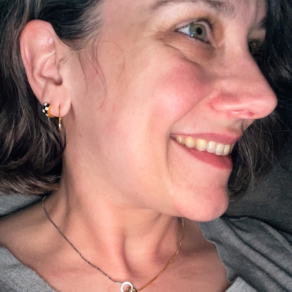 Checkered Huggie Hoops by Caitlyn Minimalist • Thick Black and White ...