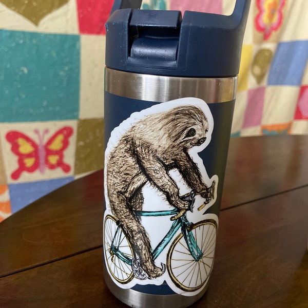 Sloth on Bicycle Sticker: Durable Vinyl Decal for Laptop, Car, Water ...