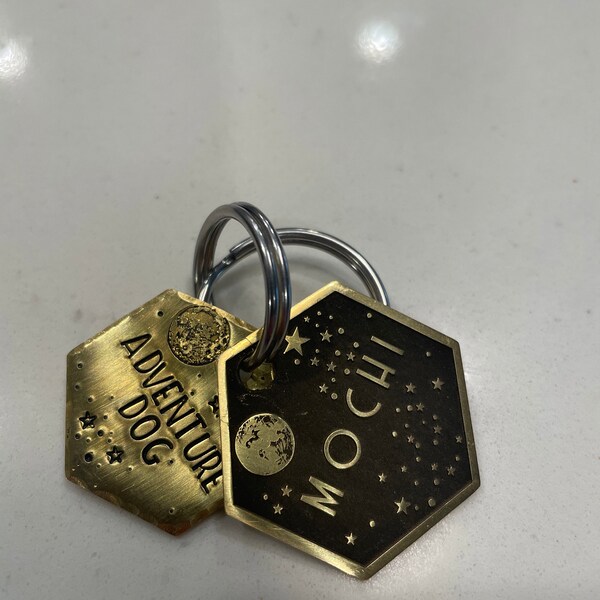 Space Dog Tag, Hexagon Pet ID Tag, Personalized Brass Dog Tag ...