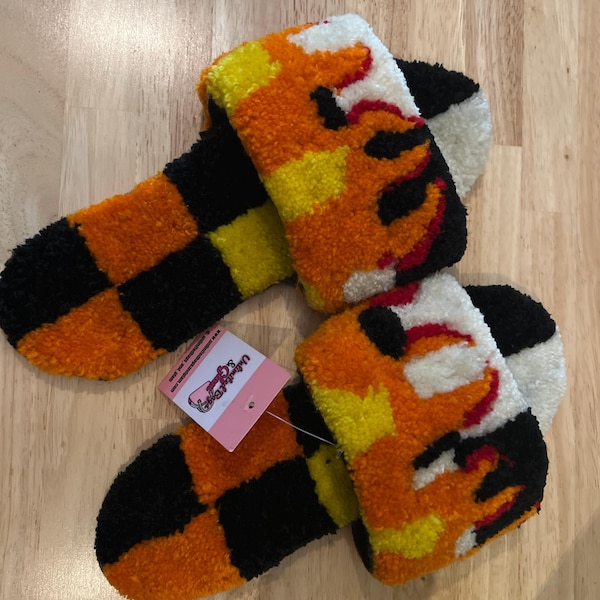 Retro Checkers on Fire Tufted Rug Slippers - Etsy UK