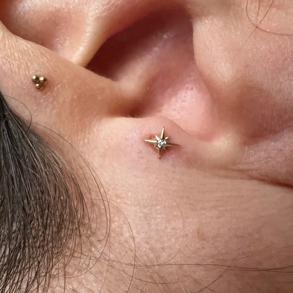 14k Solid Gold Starburst Stud Earring Tiny Star Cartilage Earring ...