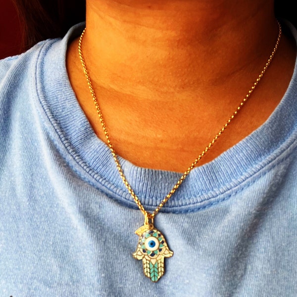 14k Solid Gold Hand-painted Hamsa Hand Pendant - Evil Eye on Fatima ...