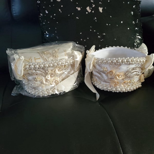 Pearl Wedding Flower Girl Basket, Ivory Pearled Wedding Ring Bearer ...