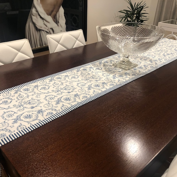 Blue Cotton Table Runner, Swirl Print With Stripe Border, Table Decor ...