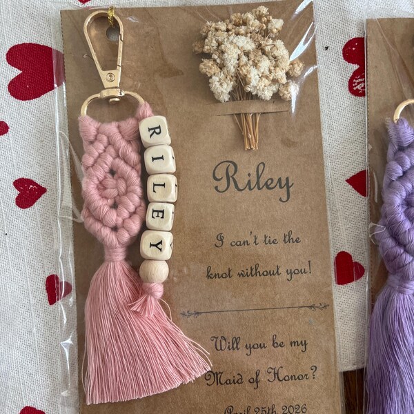 Macrame Name Keychain for Bridesmaid With Card and Flower, Custom ...