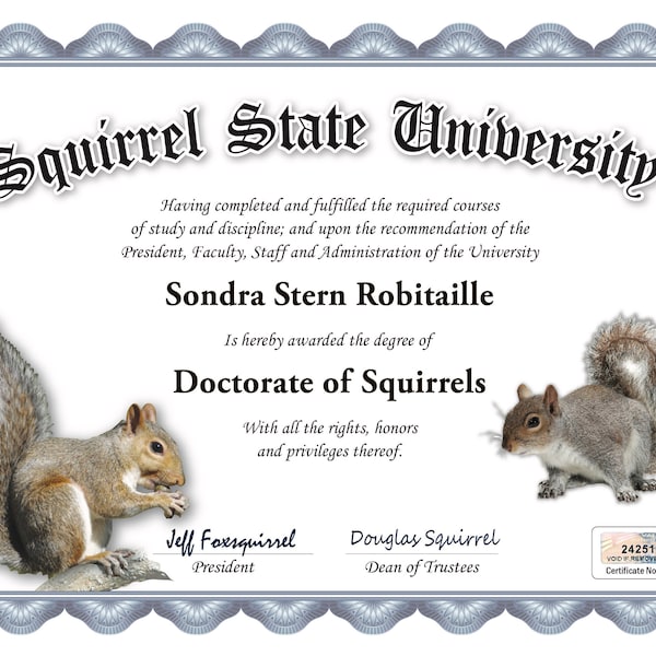 Personalized SQUIRREL University Certificate - Digital, Printed, or ...