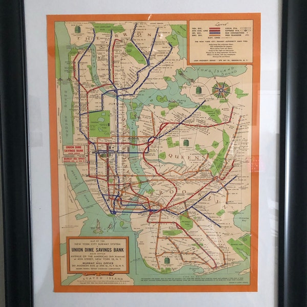 Old Map of New York City Subway System, 1954 Vintage Subway Map ...