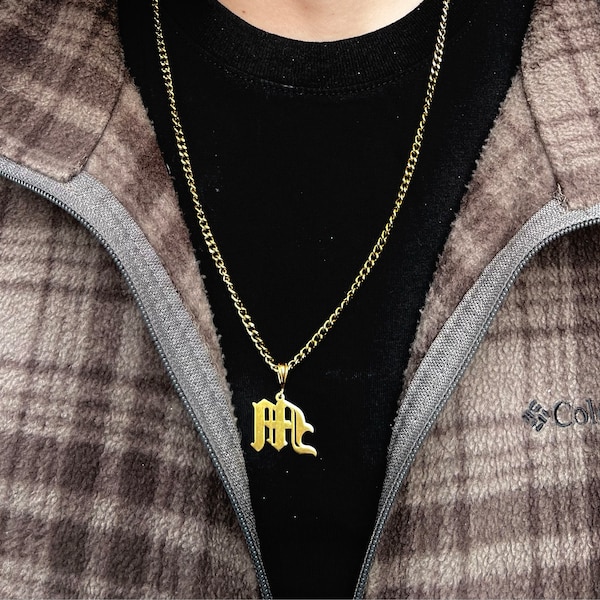 14K Gold P. Letter Necklace Personalized Pendant Old English Silver ...