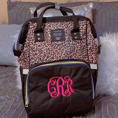 Monogrammed Leopard Print Diaper Bag Backpack, Multi Functional Leopard ...