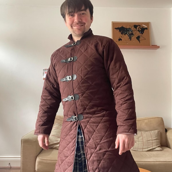 Medieval Viking Thick Padded Cotton Long Gambeson Leather Trim ...