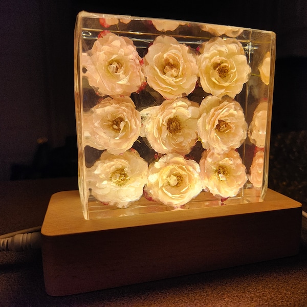 Real Pink-white Rose Night Light, Rose Lamp, Real Rose Resin Block ...