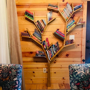 Wood Tree Bookshelves, Live Edge Pine Tree Wall Bookcases, Wooden Book ...