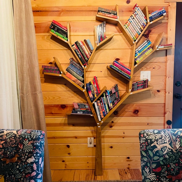 Wood Tree Bookshelves, Live Edge Pine Tree Wall Bookcases, Wooden Book ...