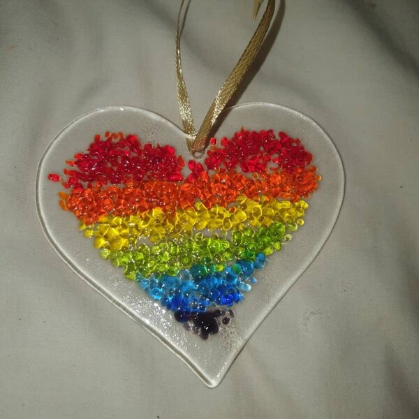 Rainbow Fused Glass Heart, Heart Light Catcher, Window Decoration ...
