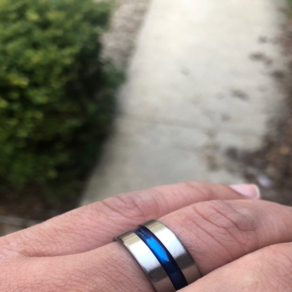 Thin Blue Line Titanium Diamond Wedding Band Engagement Ring Titanium ...