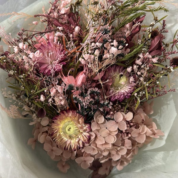 Wildflower Dried Flower Arrangement, Mauve Pink Tea Tree Whimsical ...