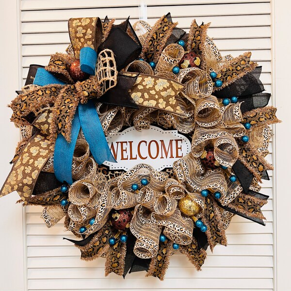 Leopard Print Welcome Wreath Sign, Welcome Wreath Sign, Aluminum Wreath ...
