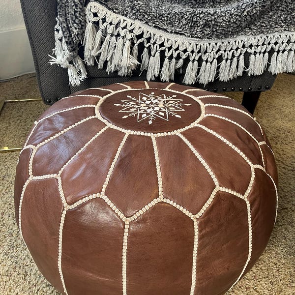 Moroccan Cover POUF With White Stitching Leather Pouf Ottoman Pouf ...