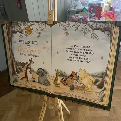 Editable Welcome Sign Classic Winnie the Pooh Open Book Baby Shower Boy ...