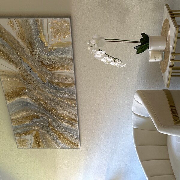 Crystal Quartz 24K Gold Resin Painting Framed Glass Abstract Champagne ...
