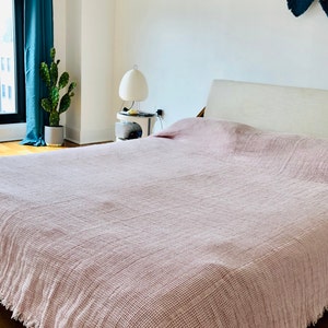 Waffle Linen Throw Blanket in Rosa, Pink With Hand Made Fringes. Twin ...