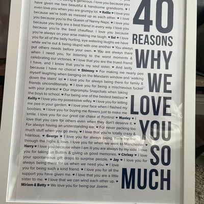 50 Reasons Why We Love You Poster Frame Personalized 50th Birthday Gift ...