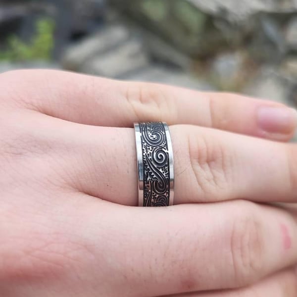 Engraved Wave Pattern Ring for Men: Stainless Steel Nautical Jewelry - Etsy