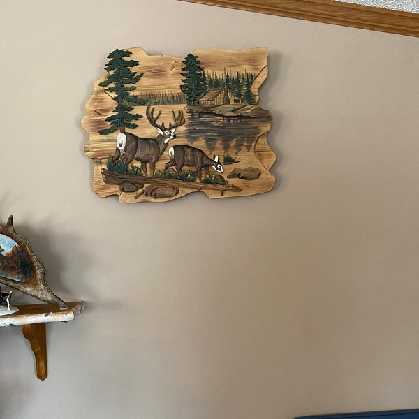 Deer Family Intarsia Wall Art, Deer Family Wood Art, Deer and Cabin ...