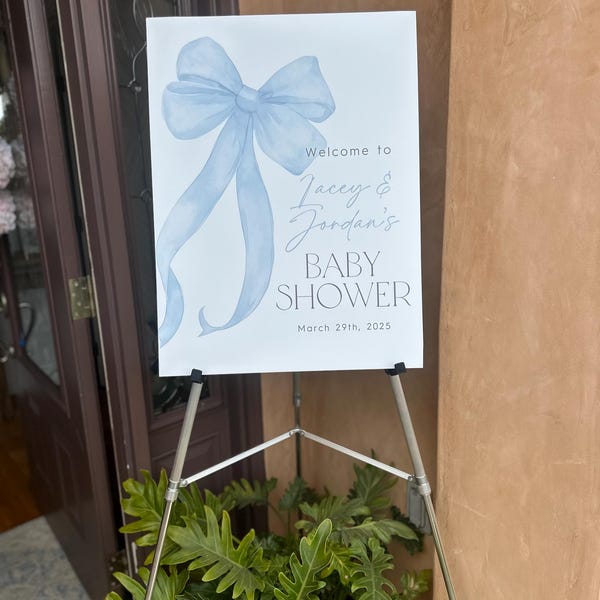 Blue Bow Welcome Sign, Blue Bow Baby Shower Welcome Sign Printable ...