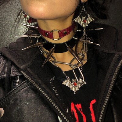 Punk Choker With Long Spikes/vegan Leather Punk Necklace/spiked Choker ...
